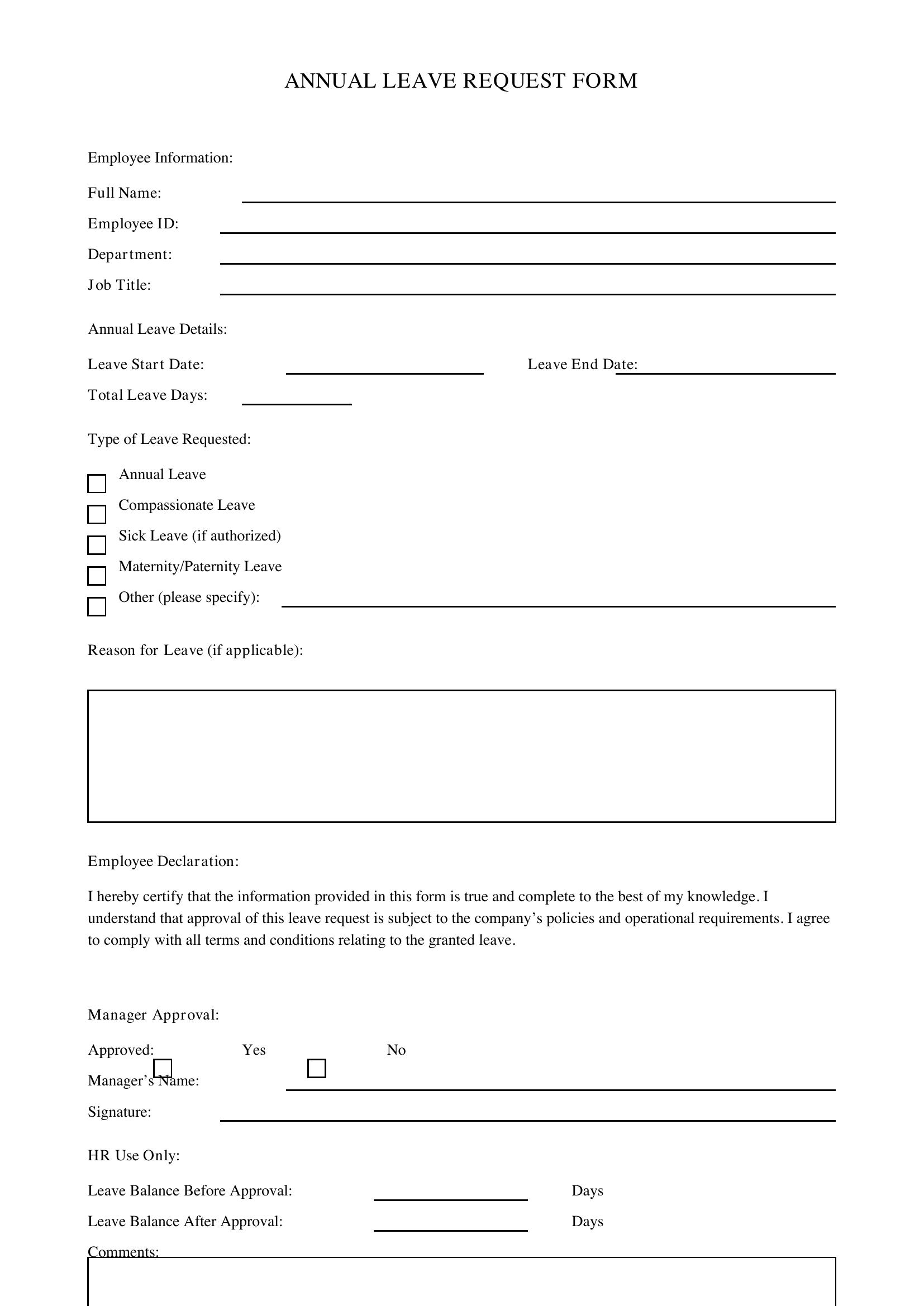 Annual Leave Form Template - UK