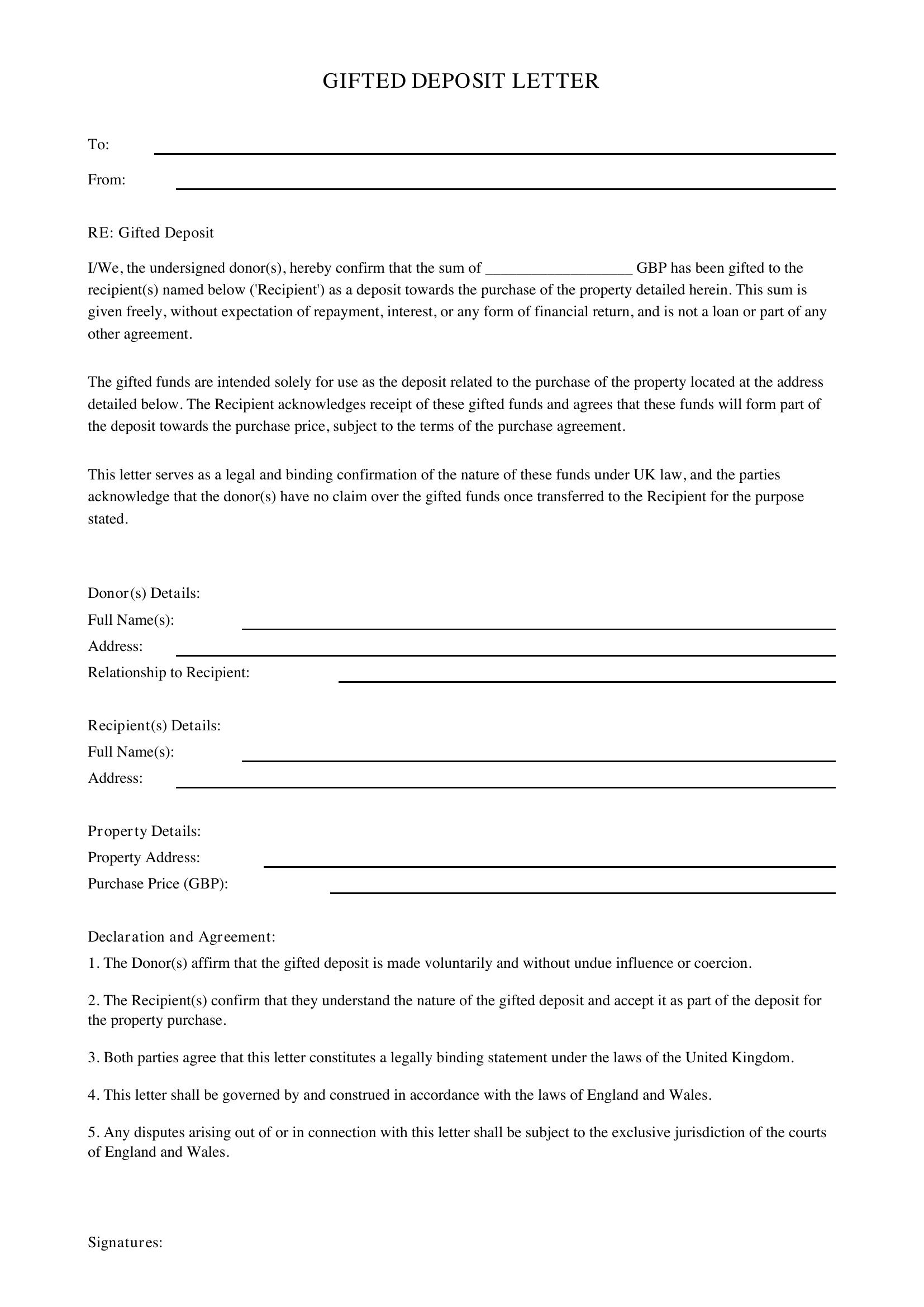 Gifted Deposit Letter Template - UK